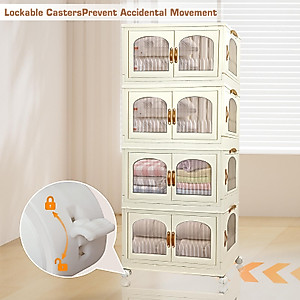 KEJONE Large Storage Bins with Lids, 76 Gal Foldable Closet Bins, 4 Pack Plastic Bins For Storage and Organization, Stackable Storage Containers For Clothes, Storage on Wheels with 4 Doors