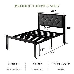 Feonase Twin Size Metal Bed Frame with Linen Upholstered Headboard, Heavy-Duty Platform Bed Frame with 12" Storage, Steel Slats Support, No Box Spring Needed, Gray