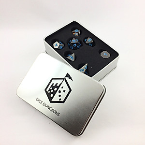 Dice Dungeons Black Frost Metal 7pc Dice Set with Display Case for D&D and Other RPGs