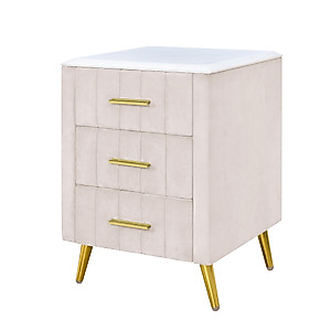 Merax Nightstand with Drawers Set of 2, Upholstered Wood Bedside End Table with Marbling Top, Beige