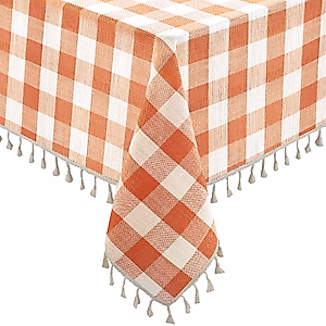 Alsoo Checkered Tablecloth Rectangle Cotton Linen Fabric Fall Gingham Table Cloth Heavy Duty Buffalo Plaid Table Cover with Tassel Washable for Kitchen Dining Holiday Party, Orange and White, 55X75''