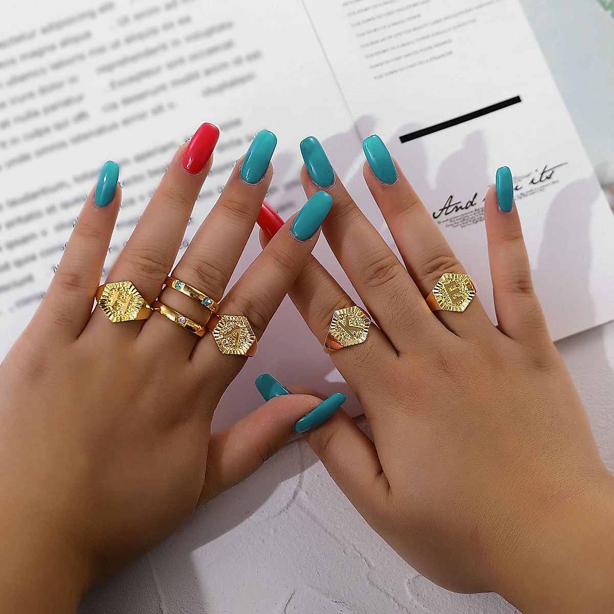 U7 Women Statement Party Ring Copper Based Gold Plated Initial Jewelry Resizable Wedding Band Name Ring with Letter K