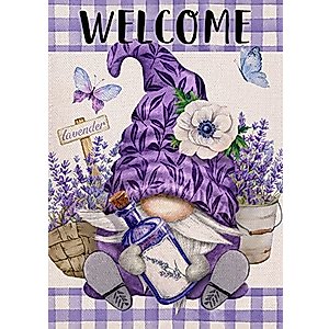 Dyrenson Welcome Spring Gnome Lavender Anemone Flower Decorative Garden Flag, Purple Buffalo Plaid Check Butterfly Floral House Yard Outside Decorations, Summer Farmhouse Outdoor Small Decor 12x18