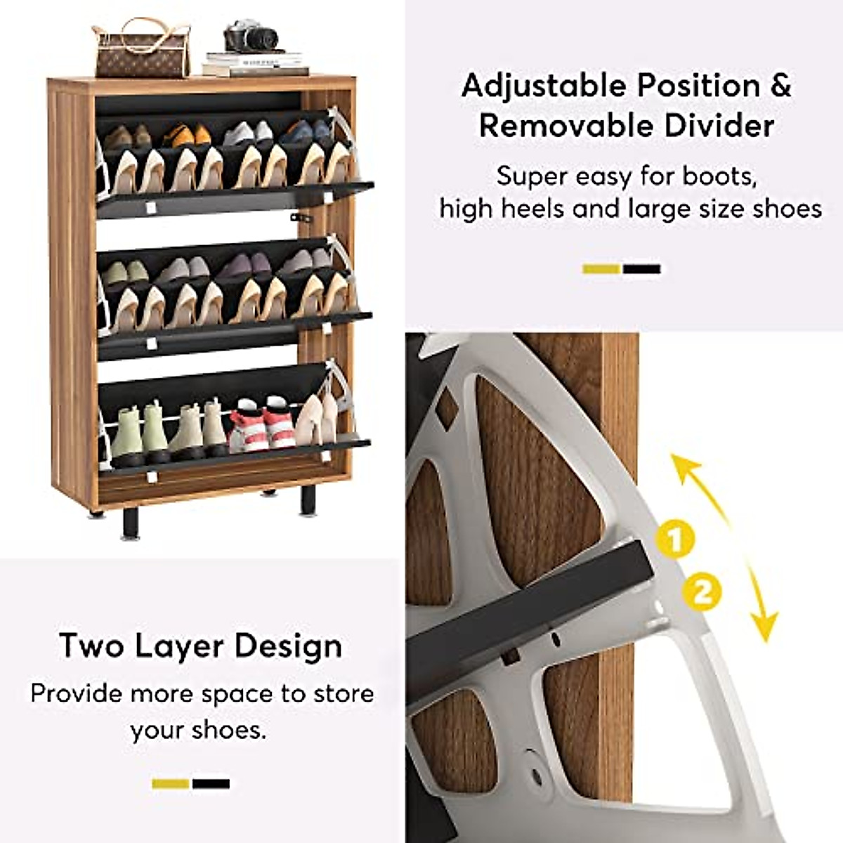 Tribesigns 3 Drawer Shoe Cabinet, Freestanding Shoe Rack Storage Organizer with Flip Door, Modern Tipping Bucket Shoe Cabinet for Entryway, Hallway, Bedroom, Small Spaces, Walnut & Black