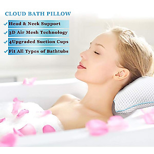 Non Slip Bath Pillow, Luxury Spa Bathtub Head & Neck Rest Support, Permeable Quick Drying Air Mesh Tub Pillow with 4 Large Suction Cups, Fits Any Tubs, Soft and Relaxing