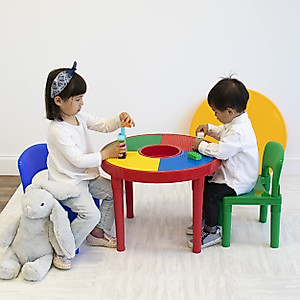 Humble Crew, Red/Green/Blue Kids 2-in-1 Plastic Building Blocks-Compatible Activity Table and 2 Chairs Set, Round, Primary Colors