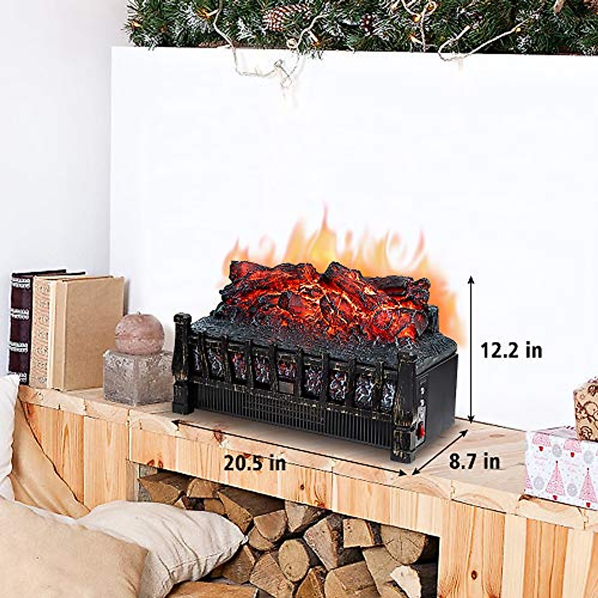 LIFEPLUS Electric Fireplace Log Heater, 21 Inch Fireplace Insert w/Remote Control 8H Timer Realistic Flame Ember Bed Adjustable Brightness, Overheat Protection, Fake Fire for Christmas Home Decor