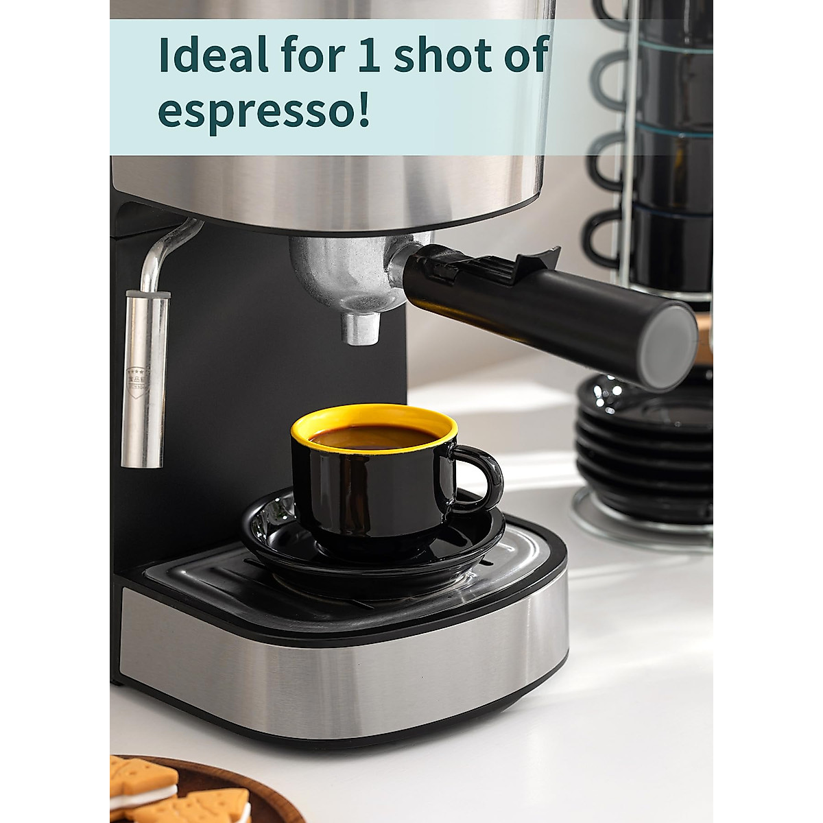 Teocera Porcelain Espresso Cups with Saucers and Metal Stand - Set of 6 Stackable Demitasse Cups, 2.5 Ounce for Coffee and Tea, Black Multi Color