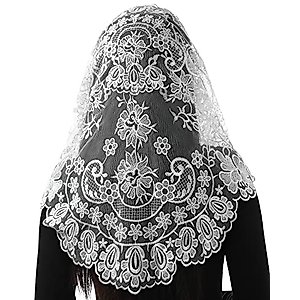 Bozidol Triangle Catholic Church Mantilla Veils for Religious Christian Floral Lace Scarf Shawl Veil with Hairclips (White)