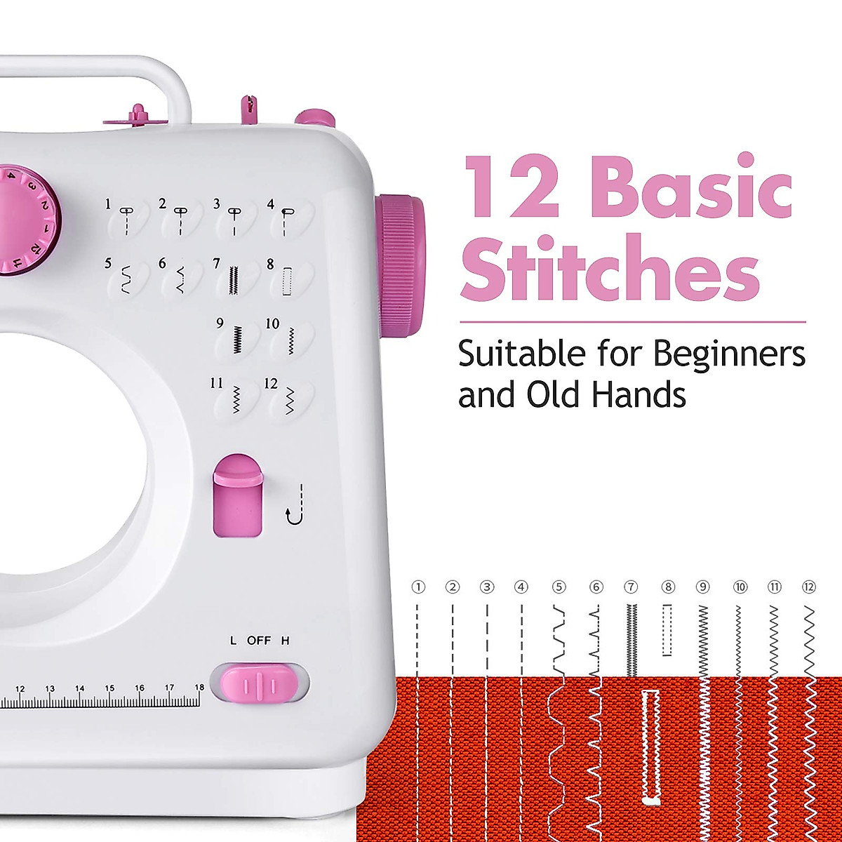 COSTWAY Electric Multifunctional Sewing Machine, 12 Stitches Portable Sewing Machine with Light Free Arm Battery, DC Adapter, Adjustable Sewing Speed (Pink+White)