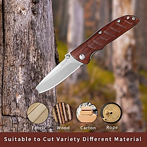 Harita Pocket Knife Folding Knife EDC, Wood Handle Thumb Stub with Pocket Clip, Stainless Steel Blades, 2.76 inch 8Cr13MoV Steel Blade, Foldable Camping Finishing Survival Hunting for Men Women RoseWood Handle