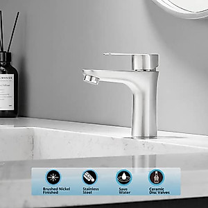 Single Handle Bathroom Faucet, Brushed Nickel Stainless Steel Bathroom Sink Faucet, Commercial Bathroom Faucets,1 Hole Deck Mount RV Mixer Tap Lavatory Vanity Sink Faucet with Supply Lines KMBF008L-1