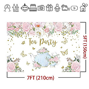 Mocsicka Tea Party Backdrop 7x5ft Princess Wonderland Floral Birthday Baby Shower Photo Backdrops Let's Partea Gold Butterfly Tea Time Photography Background
