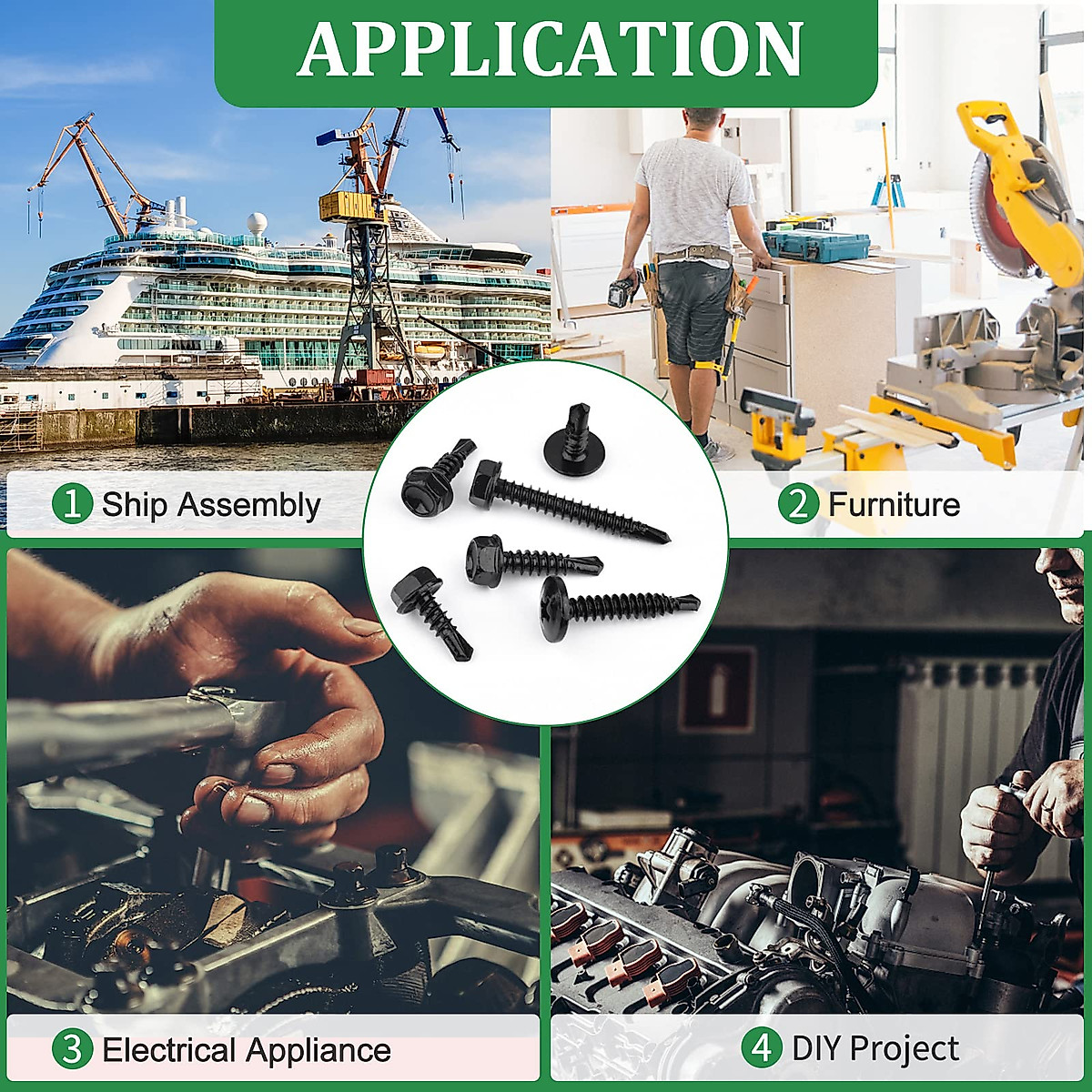 FOLIV 385PCS #8 Self Drilling TEK Screw Assortment Kit, 410 Stainless Steel Black Self Tapping Tcrews, Hex Washer Head & Modified Truss Head Black Screws, Length 1/2" to 1-1/4"