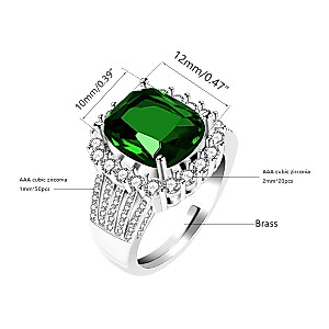 Uloveido Women's Platinum Plated Cushion Cut 5CT Simulated Emerald Rings, Adjustable Birthstone Ring, Green Cubic Zirconia Jewelry Y987