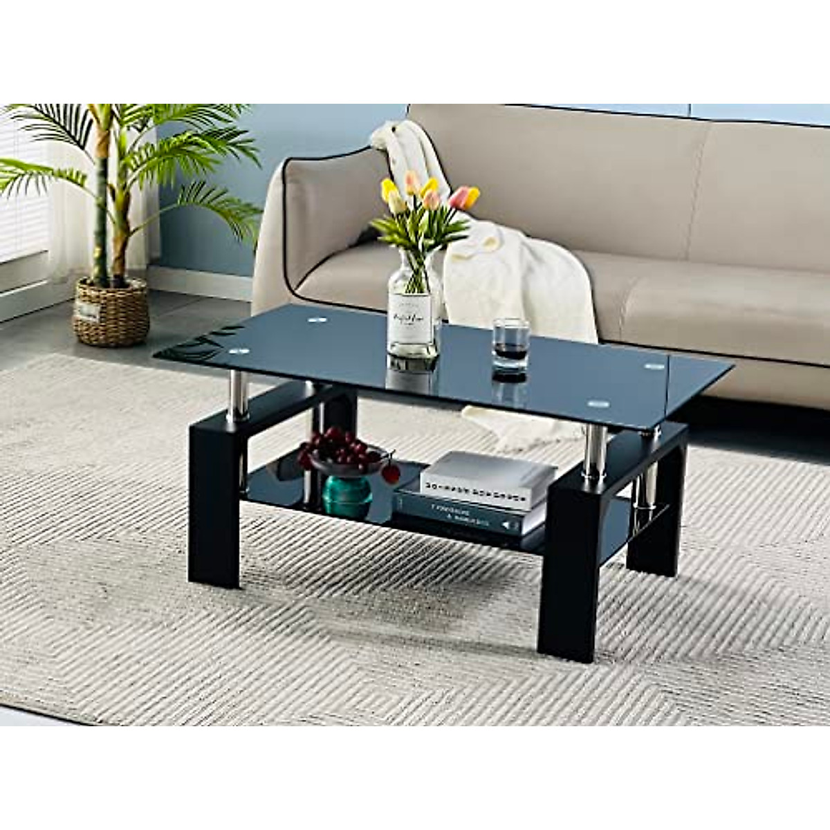 Btrpily Living Room Rectangle Coffee Table, Tea Table Suitable for Waiting Room, Modern Side Coffee Table with Wooden Leg, Glass Tabletop with Lower Shelf, 39.5D x 23.5W x 17.5H in, Black