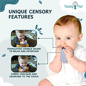 Tasty Tie Teething Tie, 3-in-1 Clip-on Baby Tie Crinkle Toy & Silicone Teether for 3-6-9-12-18 Month Babies | GOTS Certified Organic Cotton | Unique Baby Boy Gift or Stocking Stuffer, Seersucker Style