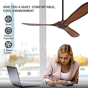 BOJUE 60 Inch Wood Ceiling Fan Without Light Remote Control, Low Profile Ceiling Fan Indoor Outdoor with 3 blade for Patio Living Room, Bedroom, Office, Summer House, Etc (Deep Walnut Blades)