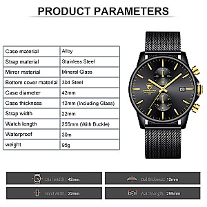 GOLDEN HOUR Men’s Watch Fashion Sport Quartz Analog Mesh Stainless Steel Waterproof Chronograph Watches, Auto Date in Gold Hands, Color: Black