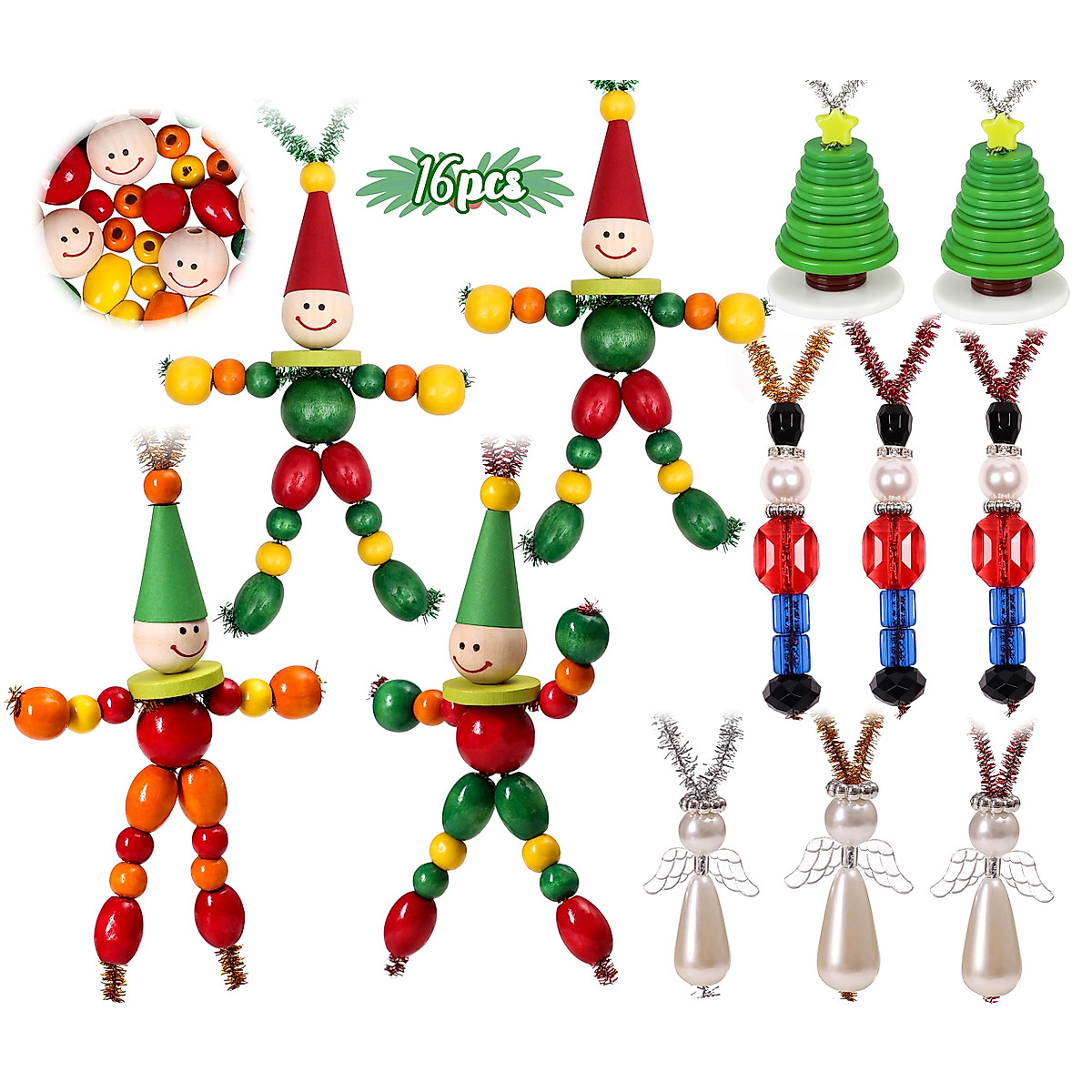 Tieshankao 16PCS Christmas Crafts for Kids - DIY Beads Ornaments Kits Include Nutcracker, Angel, Elf, Tree - Xmas Holiday Toys Gifts Stocking Stuffers Decor Party Decorations Supplies(Need Assembly)