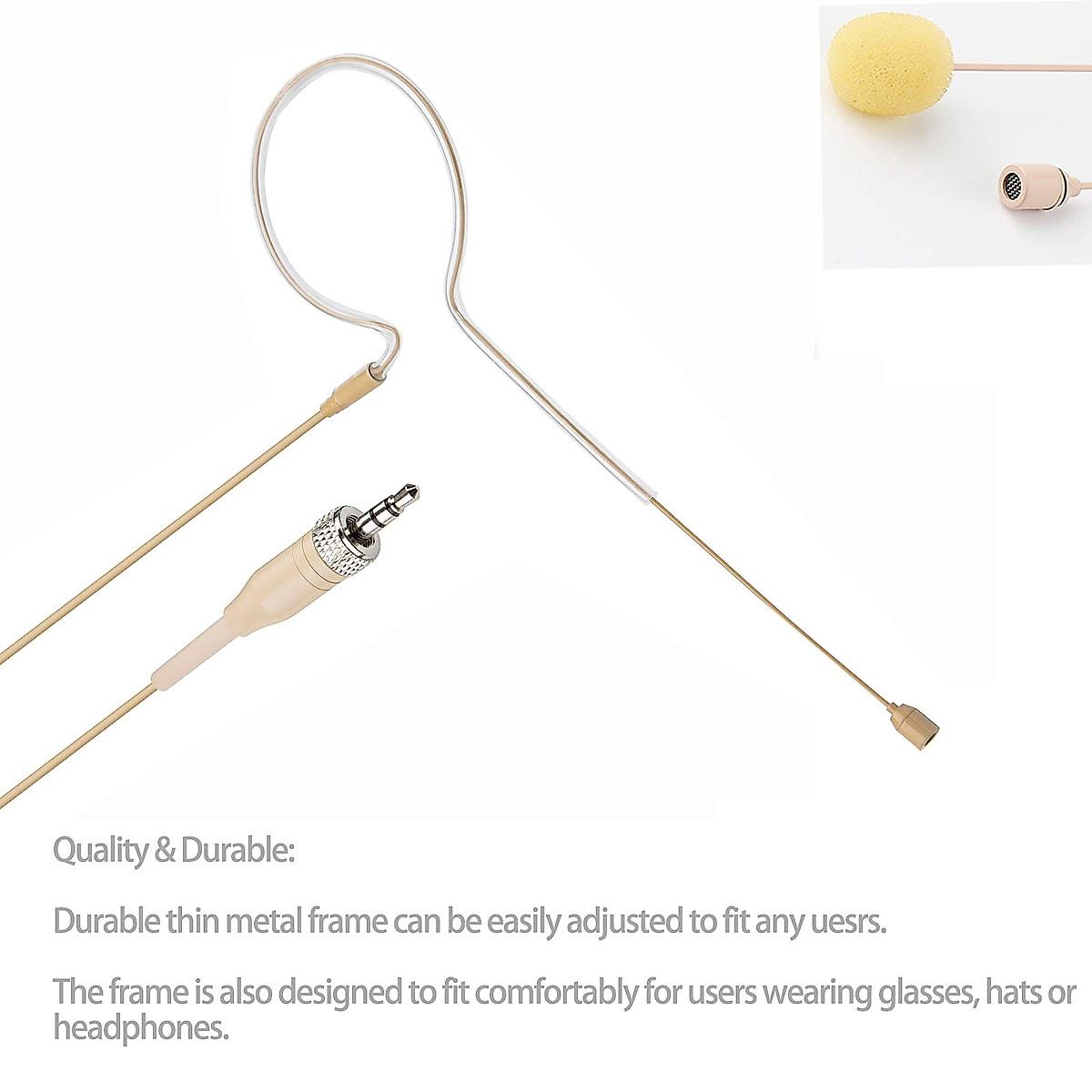 Sujeetec Headset Headworn Microphone - 3.5mm Screw Lock Head Microphone for Sennheiser Wireless System & Bodypack Transmitter – Beige Single Earhook Omnidirectional Headset Head Mic