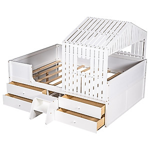 House Low Loft Bed with Trundle and Full-Length Guardrails,Wooden Bed Frame with with A Roof and Window for Bedroom (White with 4 Drawers, Full)