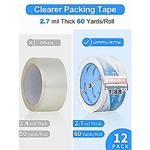 JARLINK Upgraded Version Clearer Packing Tape 12 Rolls, Heavy Duty Packaging Tape for Shipping Packaging Moving Sealing, 2.7mil Thick, 1.88 inches Wide, 60 Yards Per Roll, 720 Total Yards