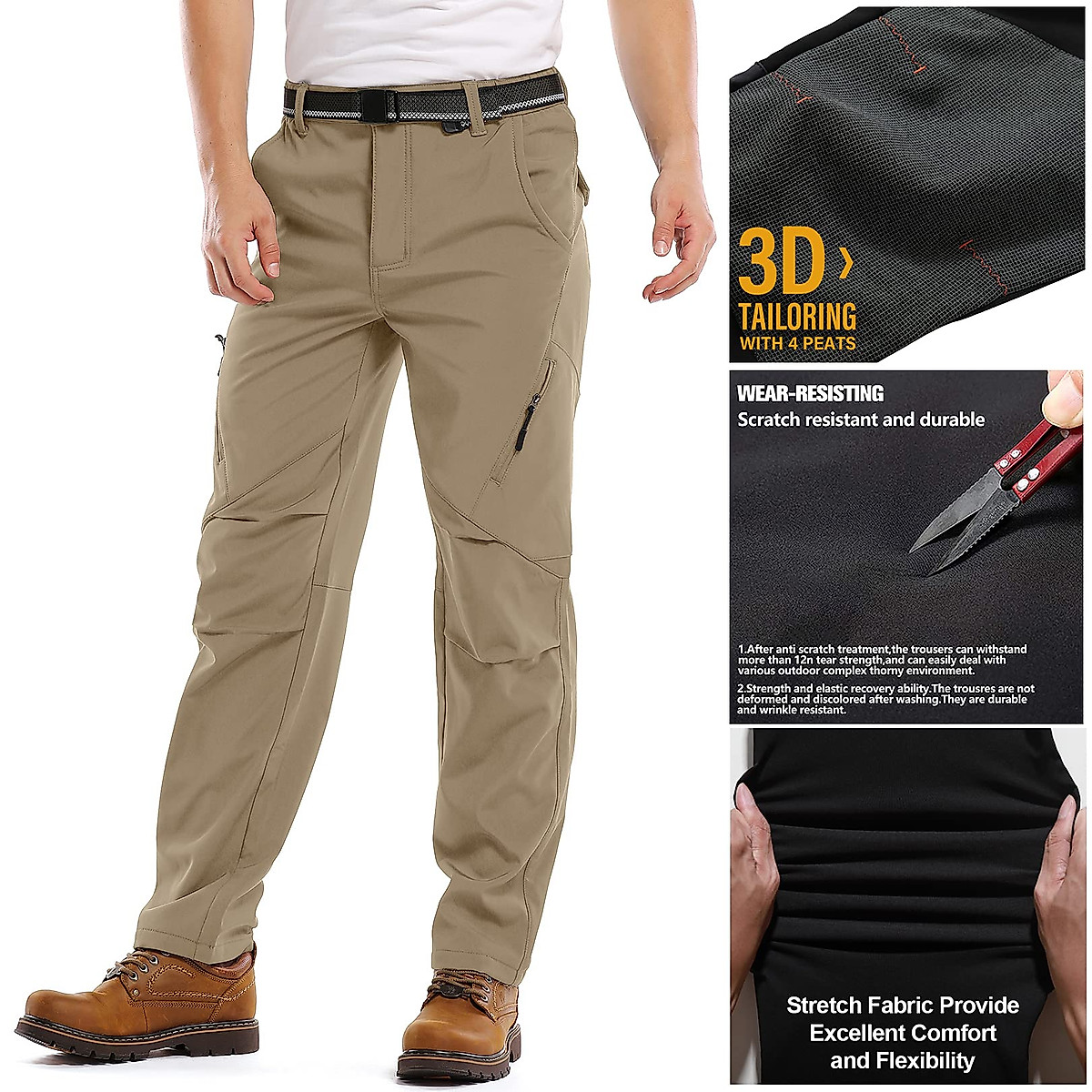 Jessie Kidden Mens Waterproof Hiking Pants, Outdoor Snow Ski Fishing Fleece Lined Insulated Soft Shell Winter Pants (6070 Khaki, 34)