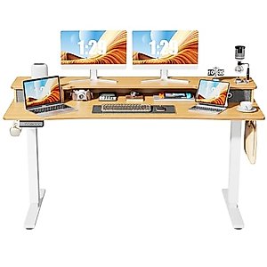 Sweetcrispy Electric Standing Desk Adjustable Height Stand Up Desk, 63 x 24 Inch Sit Stand Desk Adjustable Desk, Home Office Computer Desk with Storage Shelf, Double Drawer, Splice Board, Oak Desktop