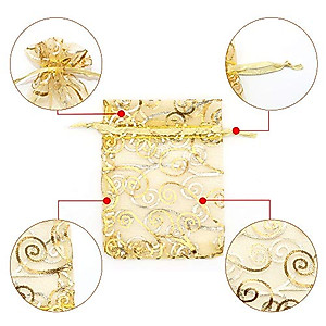 Staruby 100Pcs Gold Organza Bags 3x4 Inches Rattan Printed Organza Gift Bags Mesh Favor Bags Drawstring Jewelry Gift Pouches for Wedding Party Favors Baby Shower Christmas Gifts Candy Bags