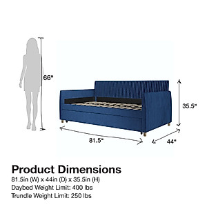Mr. Kate Daphne Upholstered Daybed with Roll Out Trundle, No Box Spring Needed, Twin/Twin Size, Blue Velvet