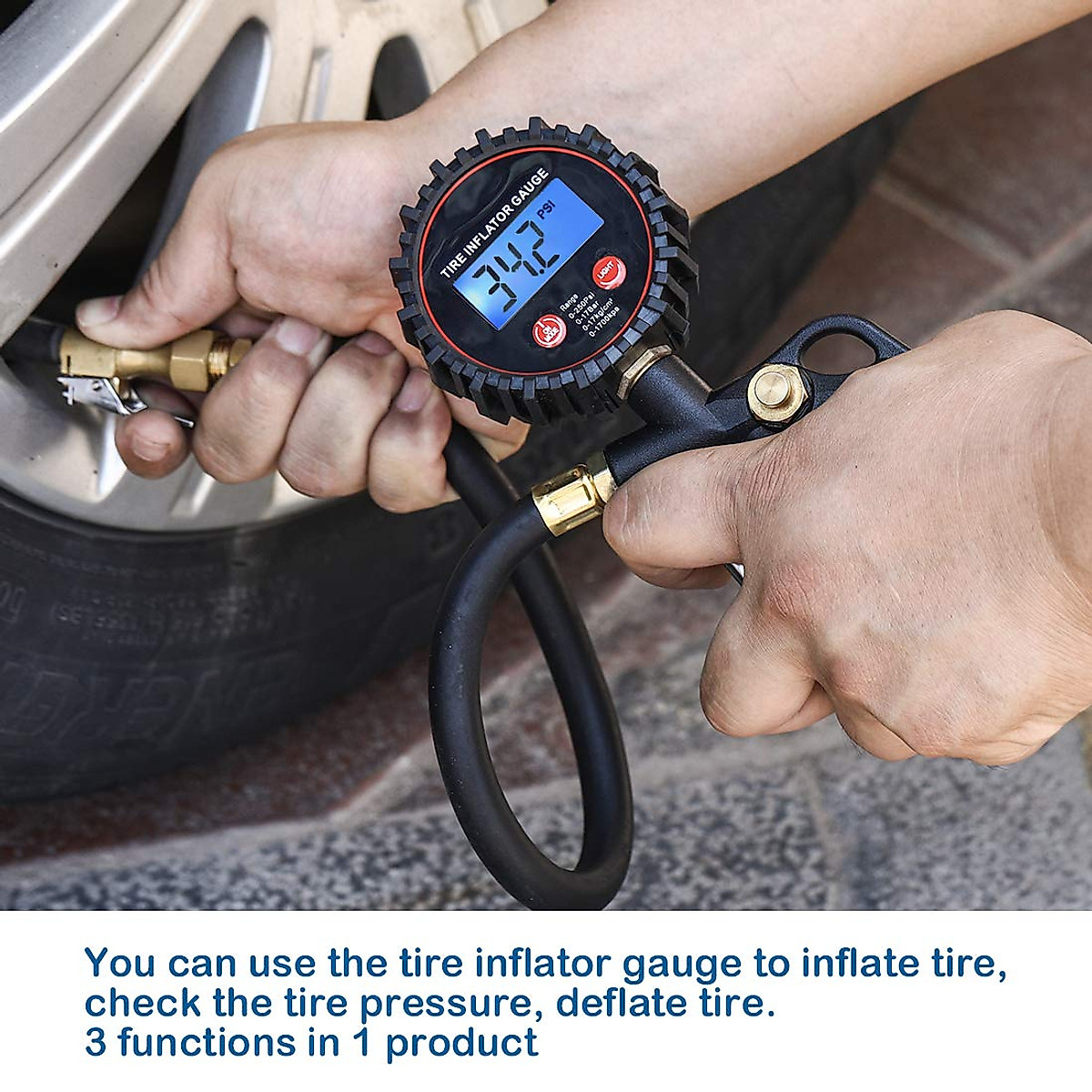 CZC AUTO Digital Tire Inflator Pressure Gauge, LED Display Tyre Deflator Gage with Straight Brass Lock-on Chuck Rubber Hose, Compatible with Air Pump Compressor for Truck Bus RV Car Motorcycle Bike