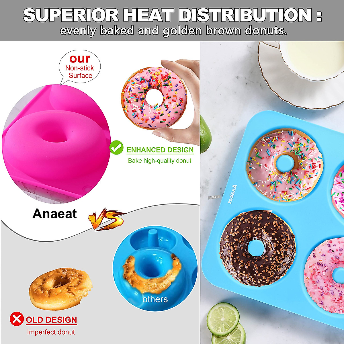 Anaeat Full Size Donut Baking Pans 3 Pack, Big Size 4 Inch Silicone Baking Mold, Just Pop Out! Non Stick 6-Cavity Doughnut Trays for Bagels Donuts Cake Biscuit - BPA Free & Dishwasher Safe (3 colors)