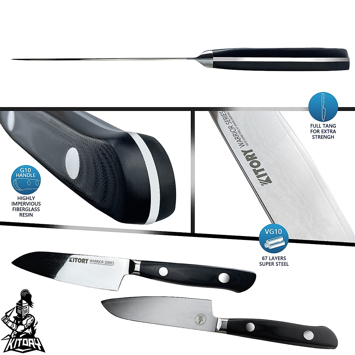 Kitory Damascus Santoku Knife 7", for bigger or larger hands, Japanese Kitchen Knife with VG10 67 Layers Super Steel- Black G10 Handle-Gift Box Included, 2024 Gifts For Women and Men