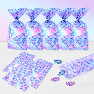 Mikzhskr 30 Pcs Mermaid Party Favors Bags Mermaid Party Decorations Cookie Goodie Candy Gift Bags Little Mermaid Cellophane Treat Bags with 30 Pcs Gold Twist Ties for Mermaid Birthday Party Supplies