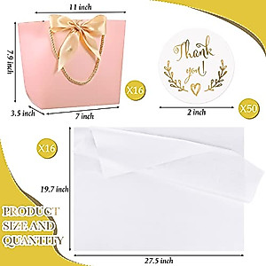 16 Thank You Gift Bags with Bows Ribbons, 11 x 7.9 x 3.5 Inch Paper Party Favor Bags with 50 Thank You Stickers and 16 Tissue Papers for Christmas Birthday Wedding Bridesmaid Holiday (Pink Bag)