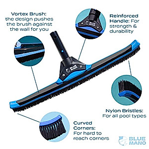 Blue Mano 20" Ultra Wide Vortex Pool Brush, Provides 3X The Force to Clean Pool Walls, Premium & Strong Brush with Curved Edges
