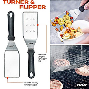 OUII Flat Top Griddle Accessories Set for Blackstone and Camp Chef Griddle - 9 Pieces Set with Griddle Cleaning Kit and Carry Bag! Metal Spatula, Scraper for Hibachi Grill and Teppanyaki Grill