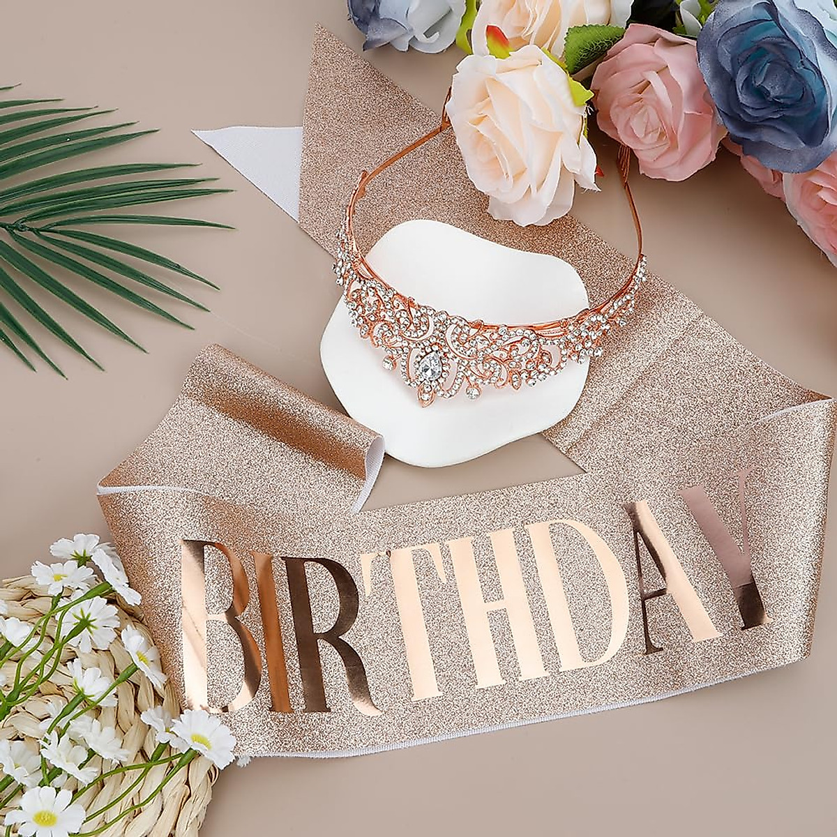 Birthday Sash, Headband, Tiara, and Rose Gold Decorations for Women and Girls