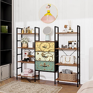 Tohomeor Triple Wide Bookcase with 3 Retro Flower Fabric Storage Drawers 4-Tier Bookshelf with 9 Open Display Shelves Industrial Bookshelf for Bedroom Home Office Living Room