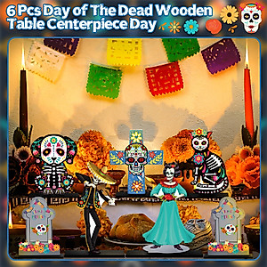 Amyhill 6 Pcs Day of The Dead Wooden Table Centerpiece Dia De Los Muertos Mexican Table Decorations Halloween Table Topper for Halloween Mexican Carnival Party Decoration Supplies