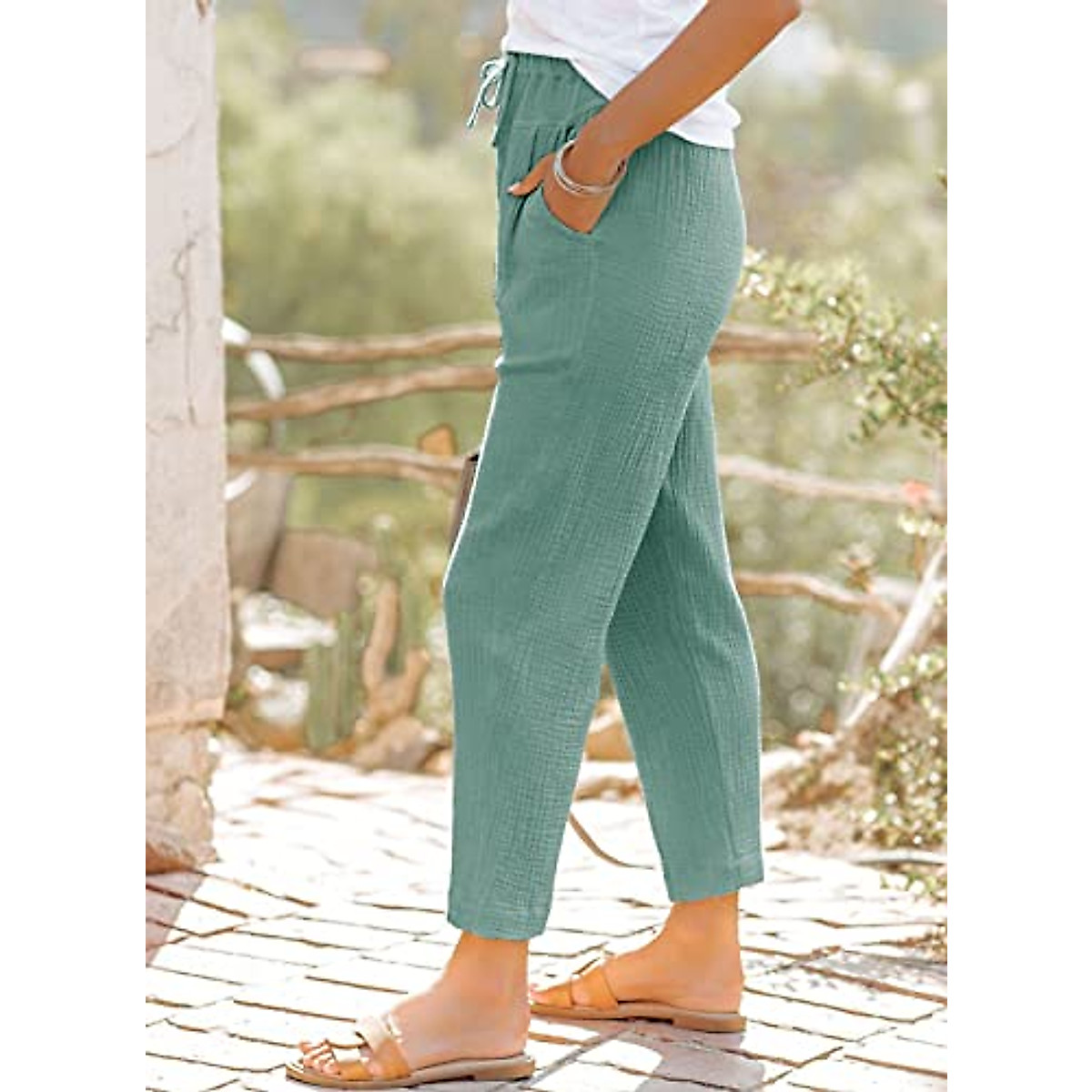 Dokotoo 2023 Fashion Spring Summer Wide Leg Work Linen Pants for Women Ladies Solid High Drawstring Waist Jogging Jogger Beach Pants with Side Pockets Green XL