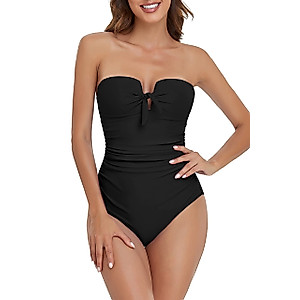Upopby Women's Strapless One Piece Swimsuits for Women Padded Push Up Tummy Control Bathing Suits Plus Size Slimming Swimwear Black 14