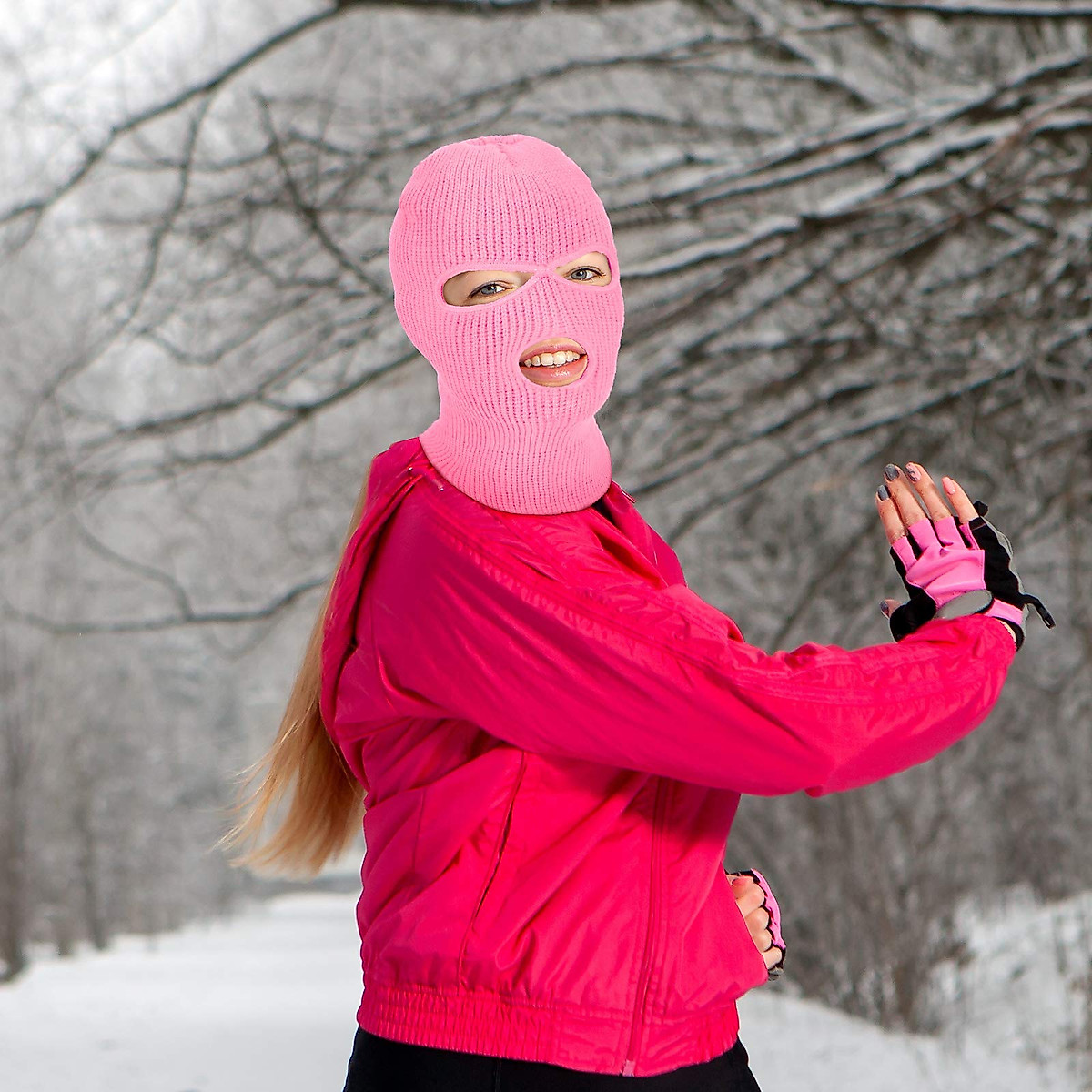 2 Pieces 3-Hole Ski Mask Knitted Face Cover Winter Balaclava Full Face Mask for Winter Outdoor Sports (Pink, Rose Red)