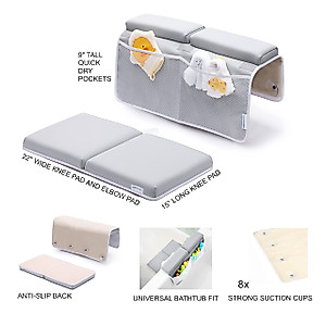 Bath Kneeler and Elbow Rest Pad, 1.75 inch Extra Thick Baby Bath Kneeling Pad and Elbow Pad for Bathtub. Bath Tub Elbow Pad with Infant Toy and Baby Accessories Organizer, Grey