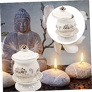 Tofficu 5pcs Bowl Buddhist Supply Relief Ceramic Decoration for Printed Altar Ritual White Offering Holy Lotus Smudging Container with Religion Buddhism Tibetan Home Cup Yoga Water