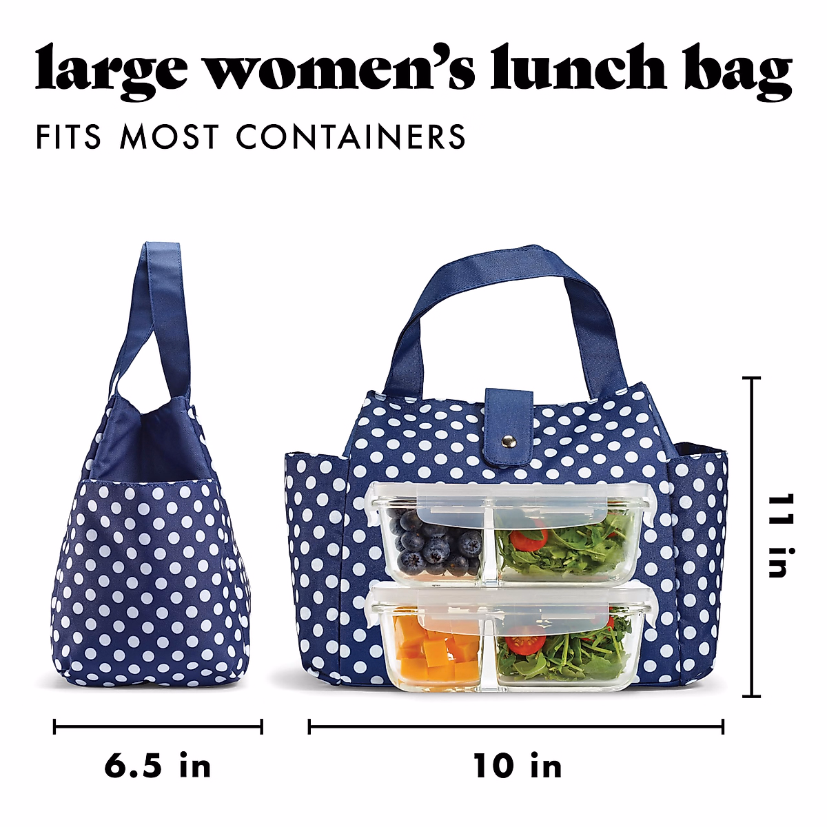 Fit & Fresh Lunch Bag For Women, Insulated Womens Lunch Bag For Work, Leakproof & Stain-Resistant Large Lunch Box For Women, Snap Closure Westport Bag Navy Dot