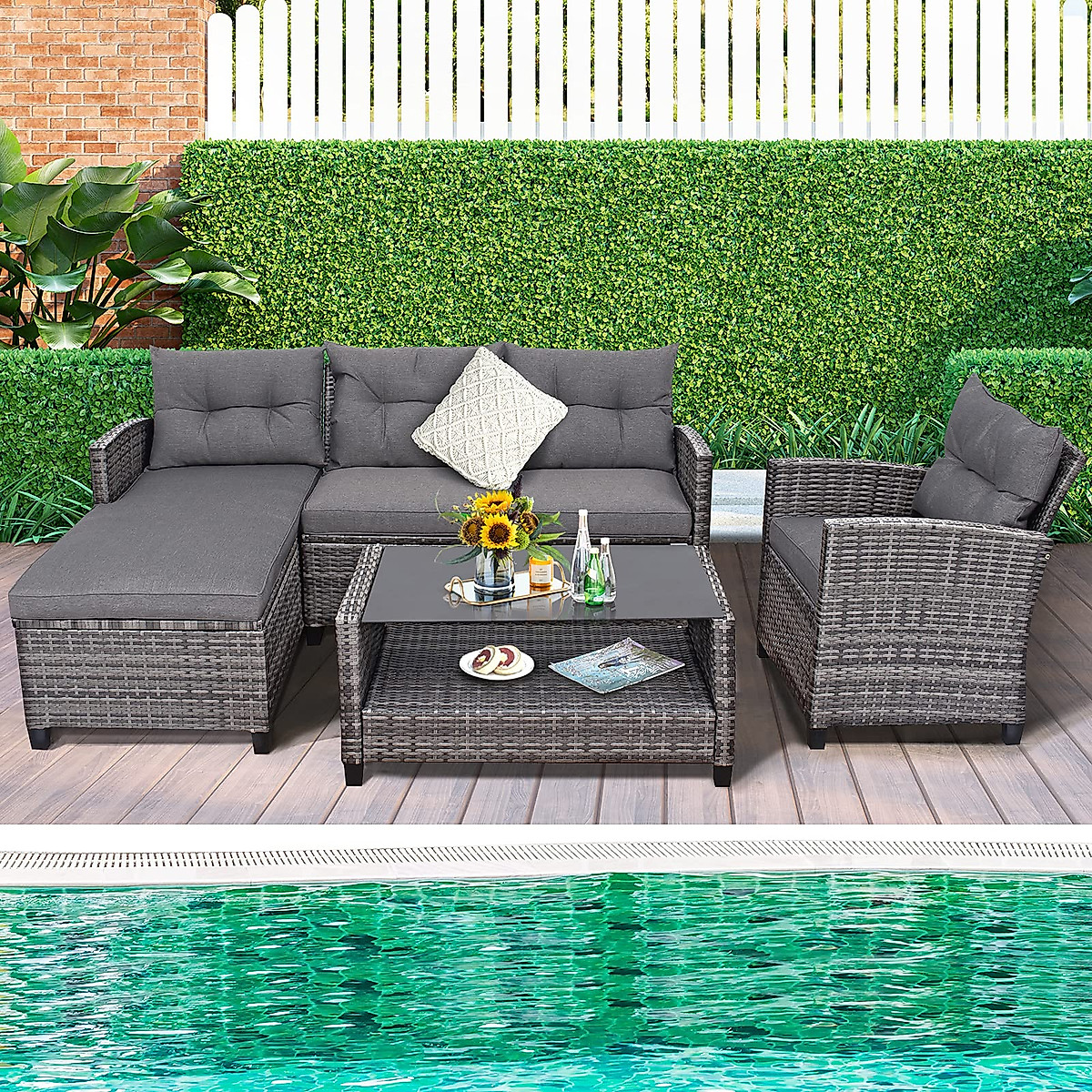 Tangkula 4 Pieces Rattan Conversation Set, Patiojoy Outdoor Furniture Set with Cushions, Lounge Sofa Set with Coffee Table, Patio Sectional Sofa Set for Patio Garden Poolside Backyard (Gray)