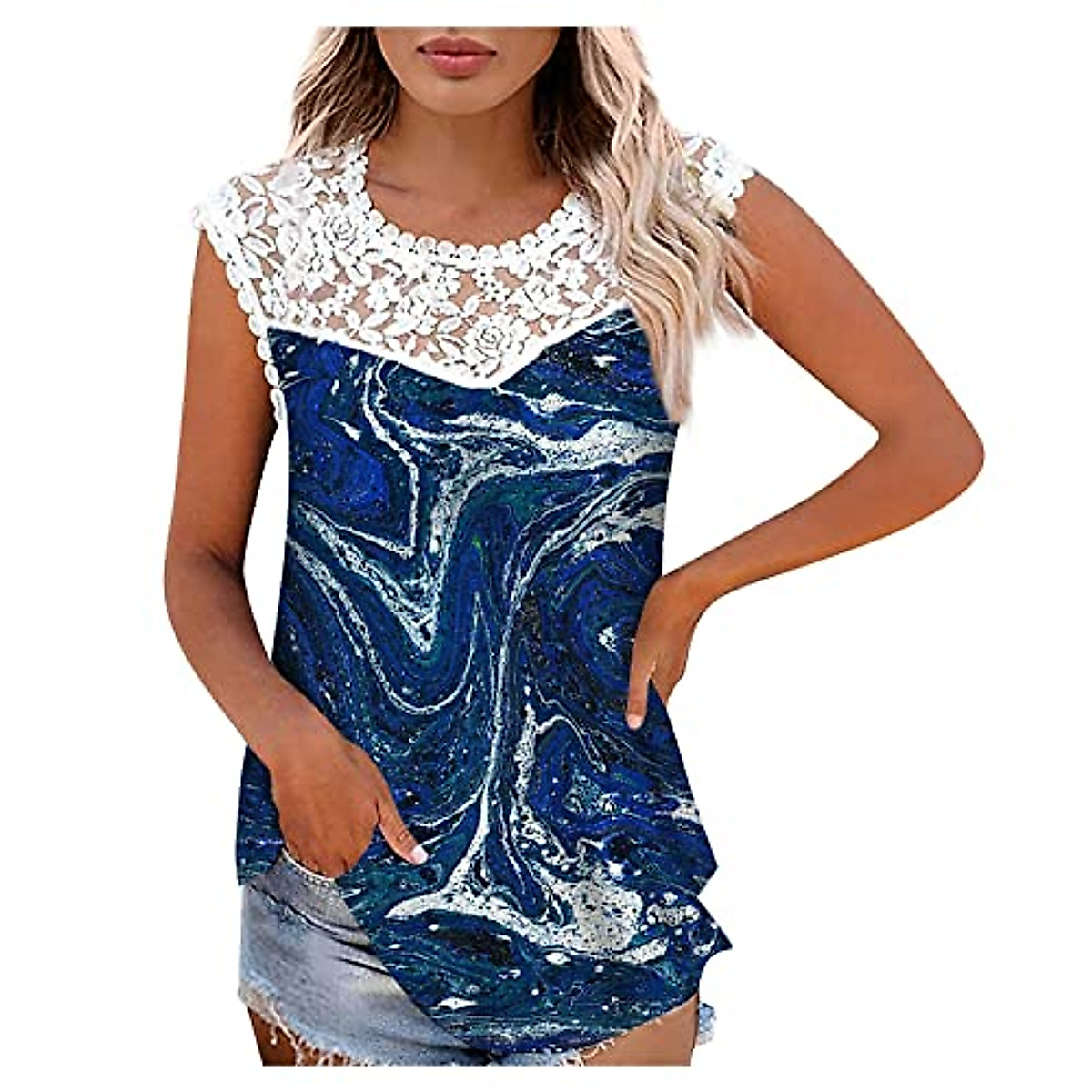 2023 Womens Lace Tank Tops Sleeveless Printed Tops Round Neck Splicing Tank Tops Slim Comfortable Lightweight T-Shirt