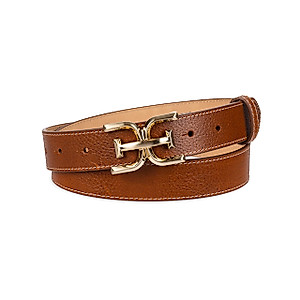Sam Edelman Women's Slim Stitched Edge Double-E Plaque Buckle Belt, Saddle, Medium
